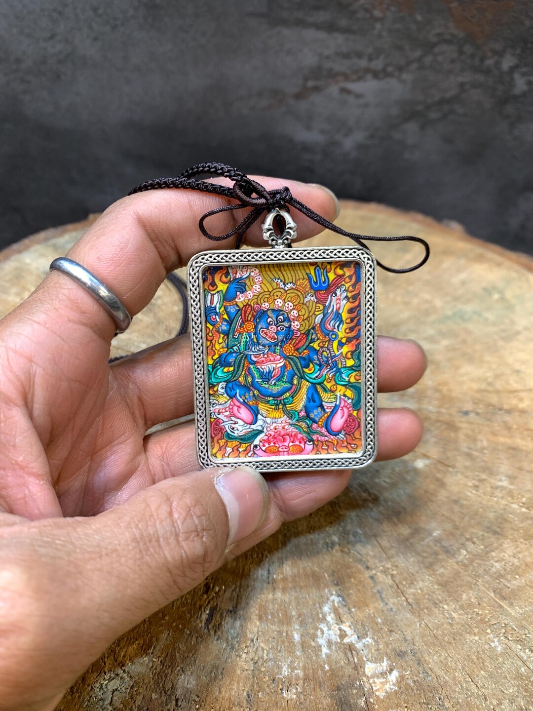 Colorful Six Armed Mahakala Mini Thangka Pendant. Dharmapala, the ...