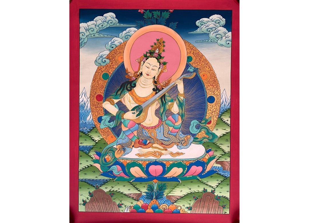 Colorful Saraswati Thangka Painting. Hand Painted Yangchenma Thangka ...
