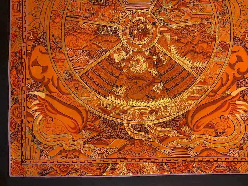 42x53 Cm Wheel of Life Thangka. Orange Theme Cycle of Rebirth and ...