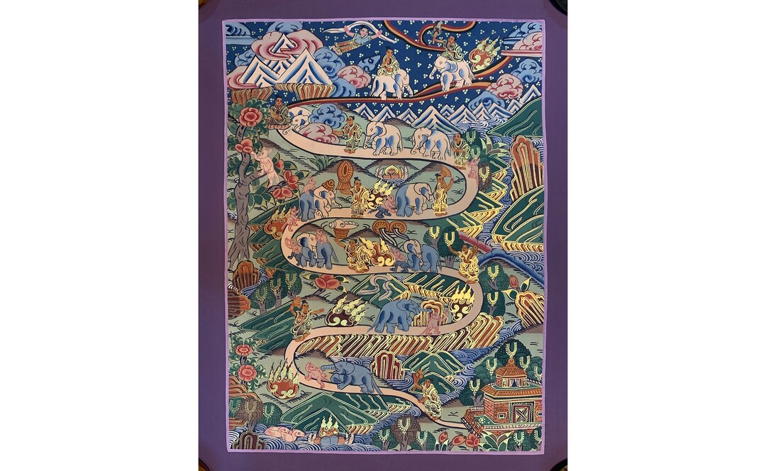 Way to Nirvana Thangka. Transformation of Mind Samatha Thangka. Tibetan Thangka. Monk Taming ...