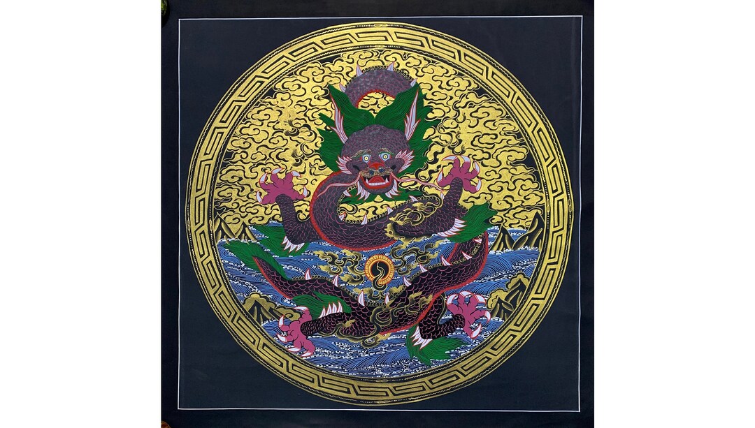Black and Gold Dragon Thangka, Spotted Dragon Genuinely Hand Painted ...