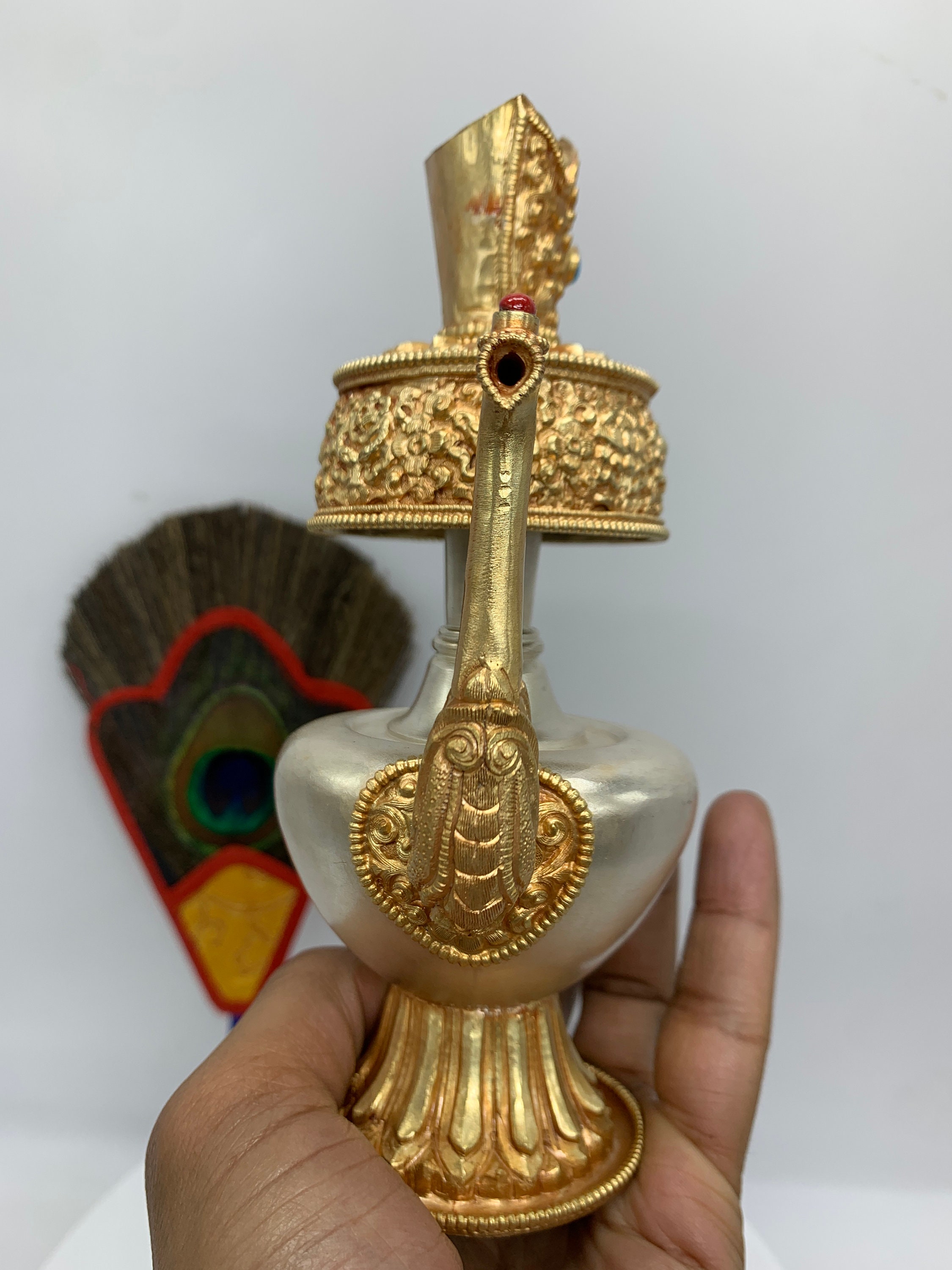 Gold Plated Ritual Vase. Tashi Taggye Bumpa.decorated With 8 Auspicious ...