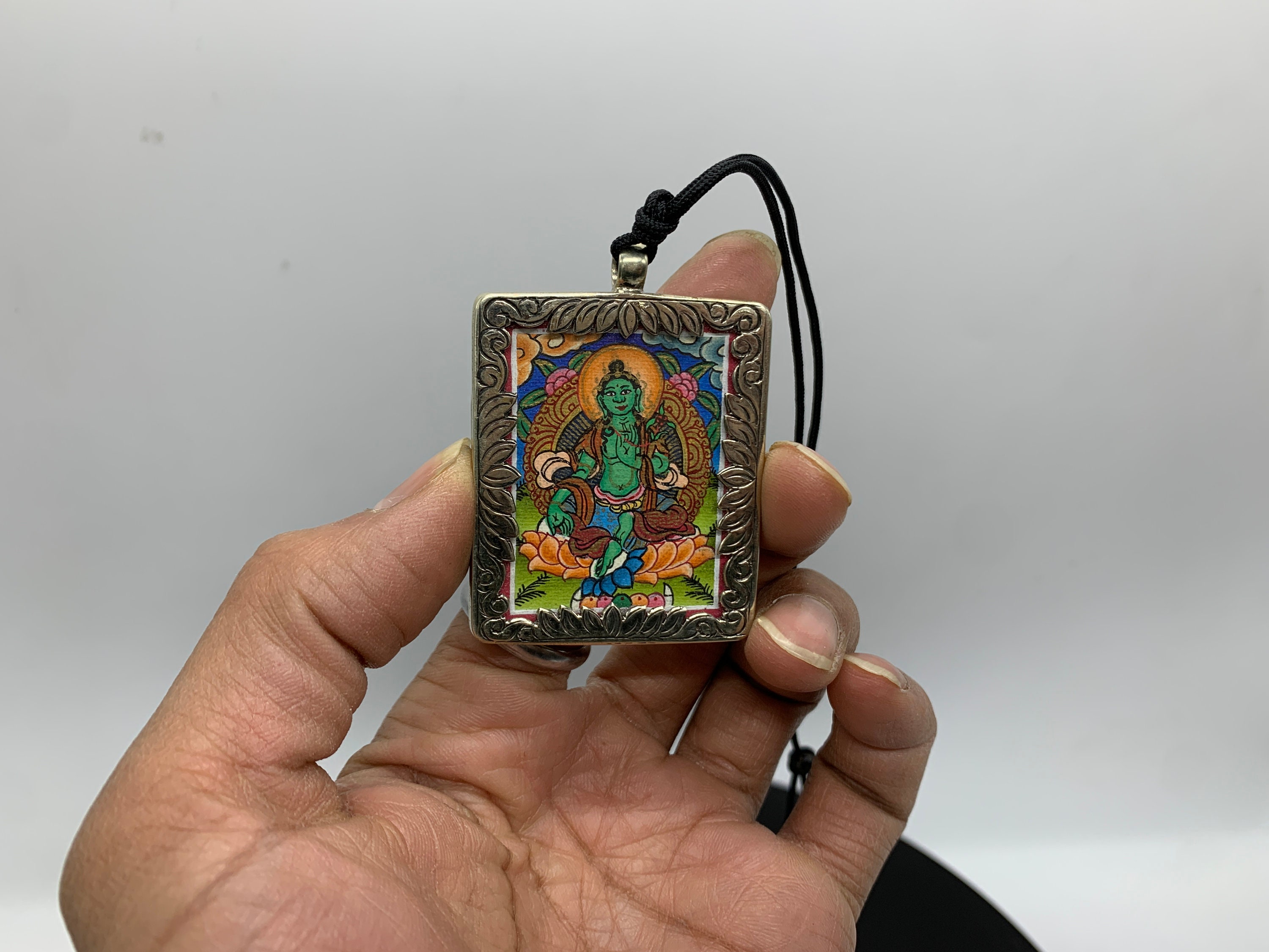 Green Tara Mini Thangka. Hand Painted Green Tara Pendant. Necklace. Can ...