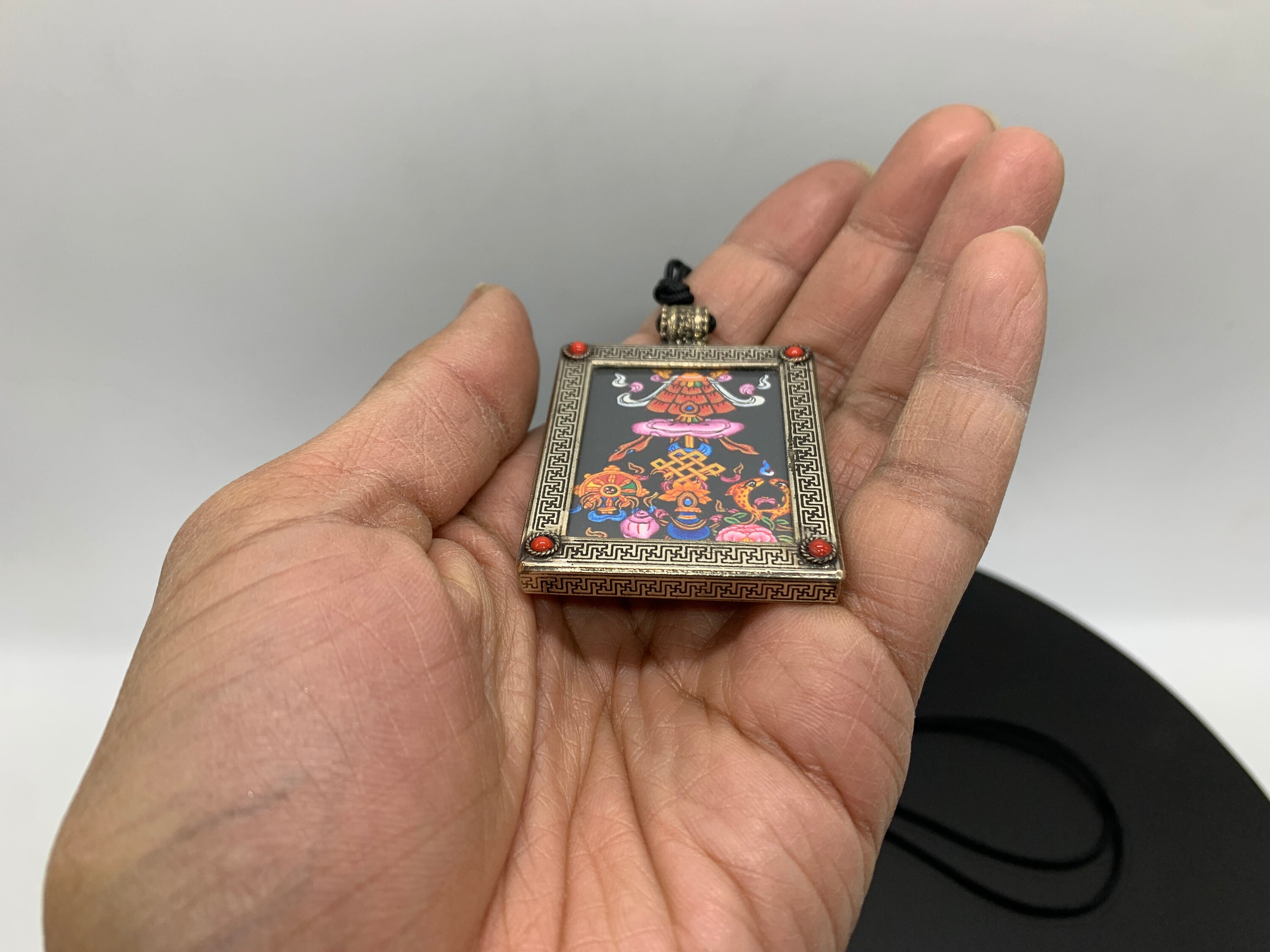 Mini thangka de astamangal. 8 símbolos auspiciosos. Tashi taggye con ...