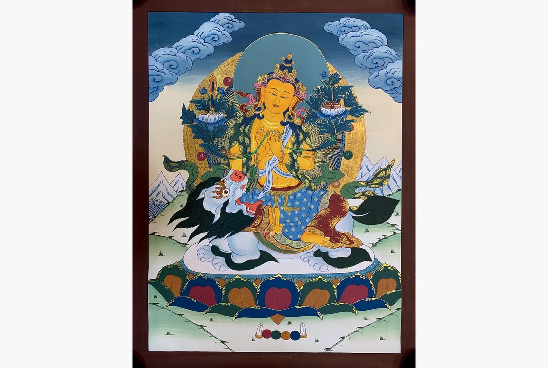 Colorful Manjushri Thangka. Hand Painted Manjushri Jampelyang Riding ...