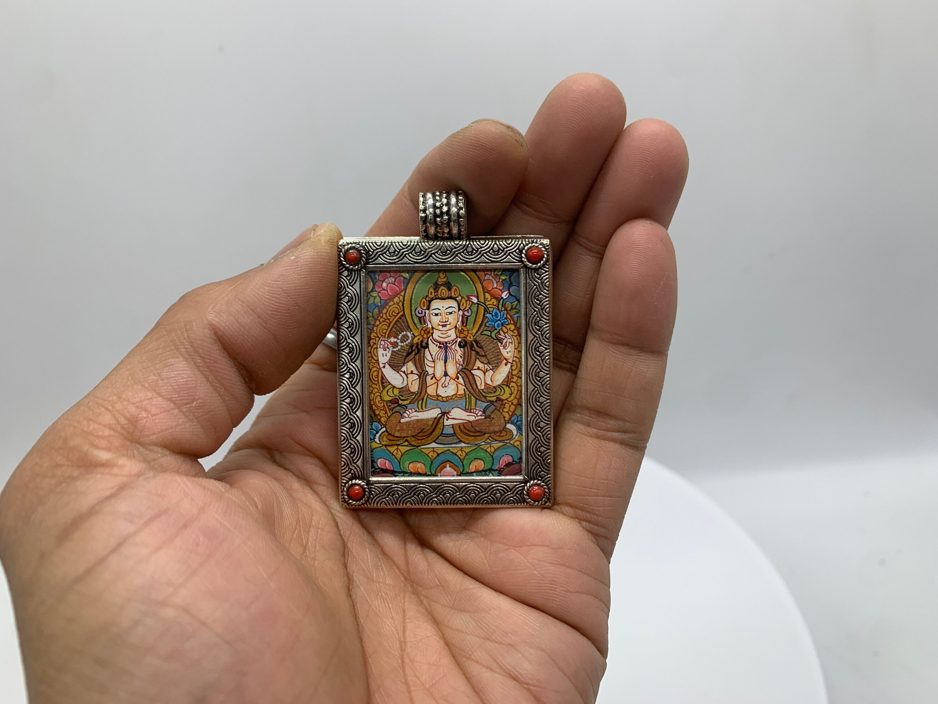 Four Armed Avalokitesvara Mini Thangka Pendant. Compassion Buddha ...