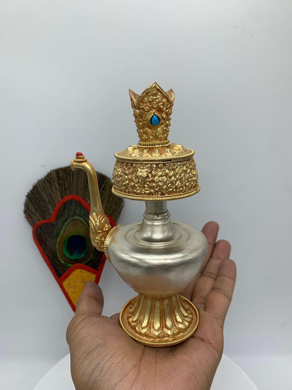 Gold Plated Ritual Vase. Tashi Taggye Bumpa.decorated With 8 Auspicious ...