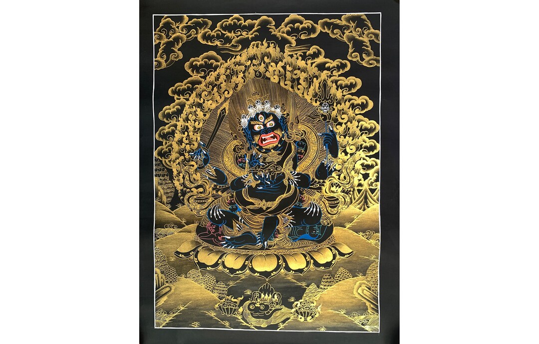 Black and Gold Four Armed Mahakala Thangka. Hand Painted Four Armed ...