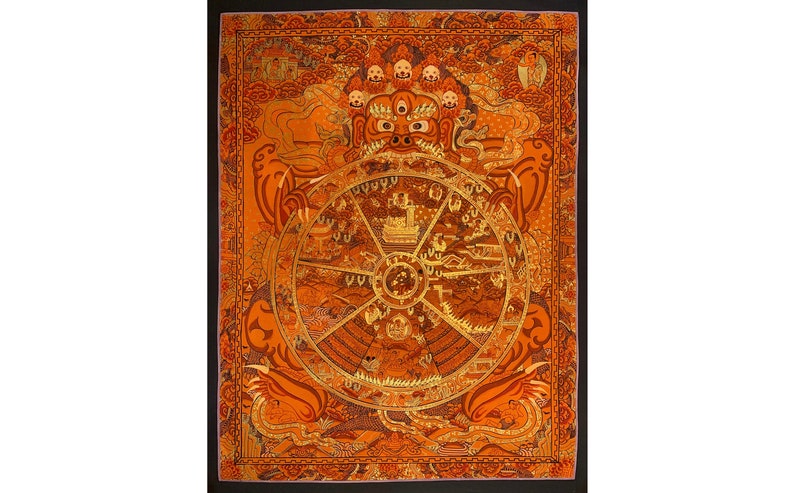 42x53 Cm Wheel of Life Thangka. Orange Theme Cycle of Rebirth and ...