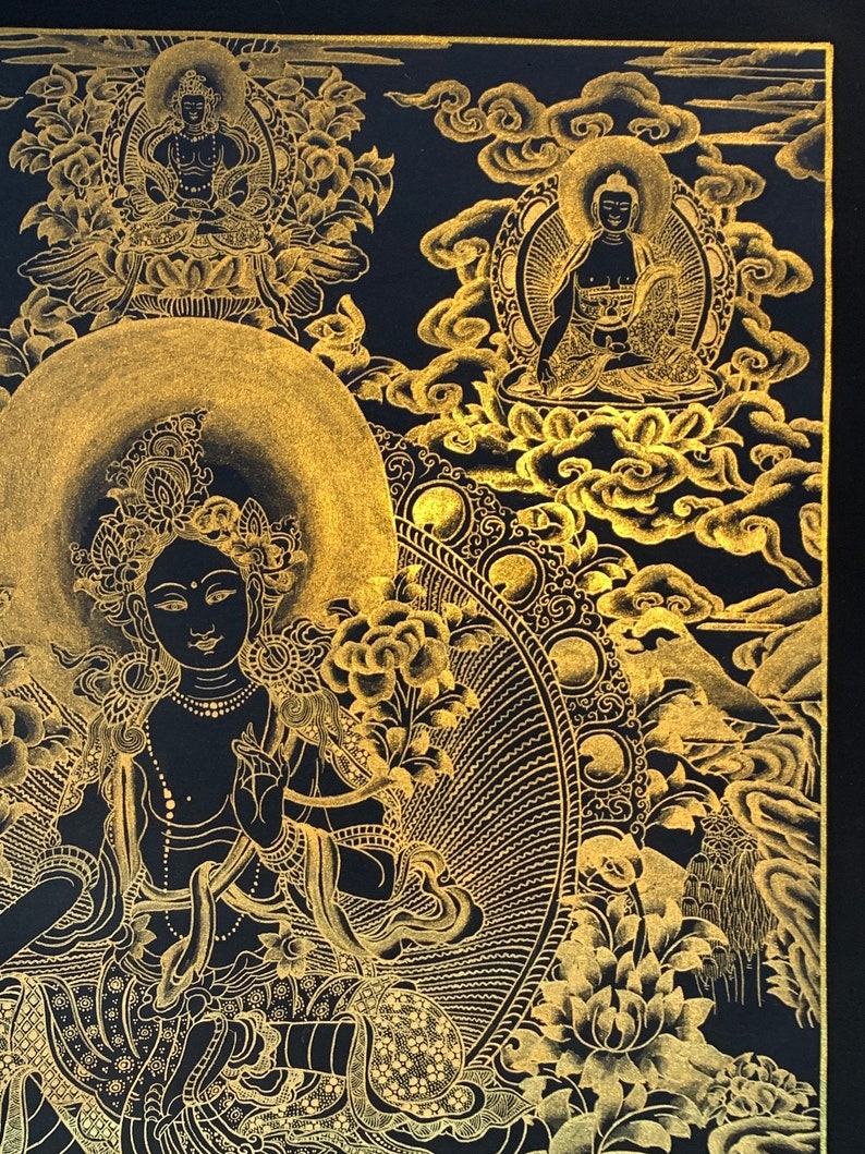 Green Tara Thangka. Tibetan Thangka Painting. Hand Painted Black and ...