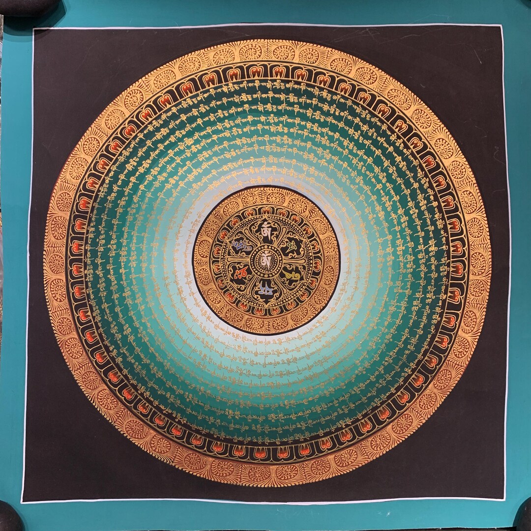 Green Theme Mantra Mandala. Hand Painted Mandala. Compassion Prayer ...