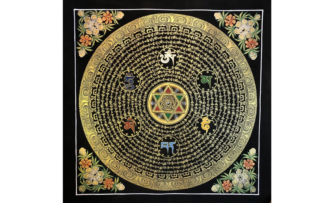 53x53 Cm Star Mantra Mandala. Black and Gold Tibetan Mandala Thangka ...