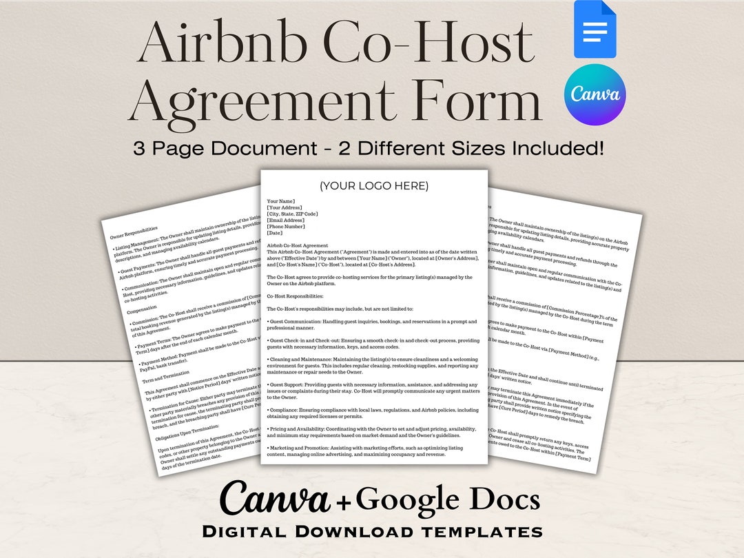 Airbnb Co-host Agreement Template | Customizable Short Term Rental ...