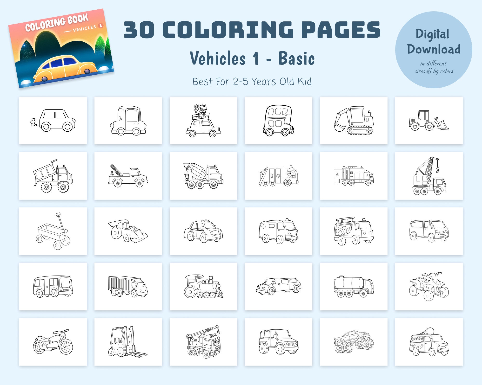 30 Basic Vehicle Theme Coloring Pages Fun and Engaging Digital ...