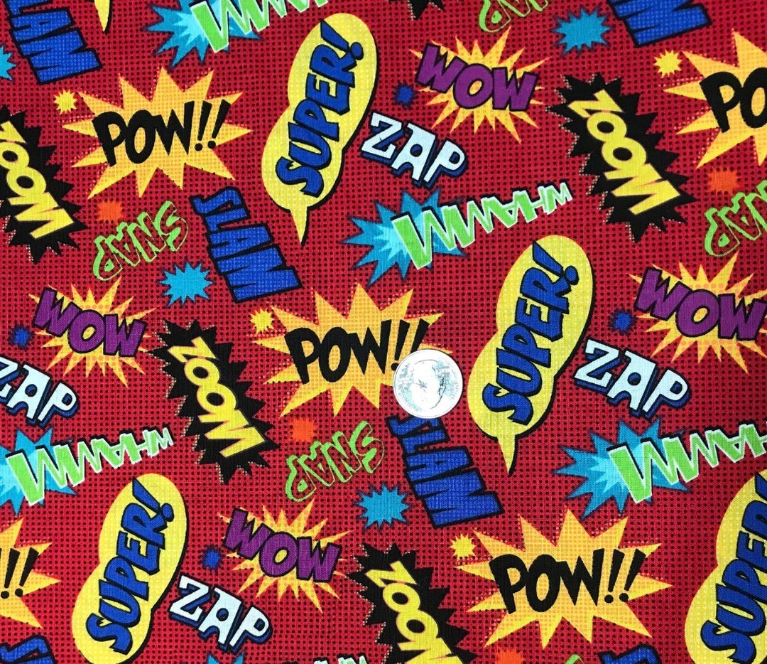 Comic Book Superhero Action Words on Red - 100% Cotton Fabric - One 16 ...