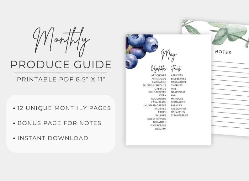 Printable Monthly Produce Guide - Instant Download PDF, Digital ...