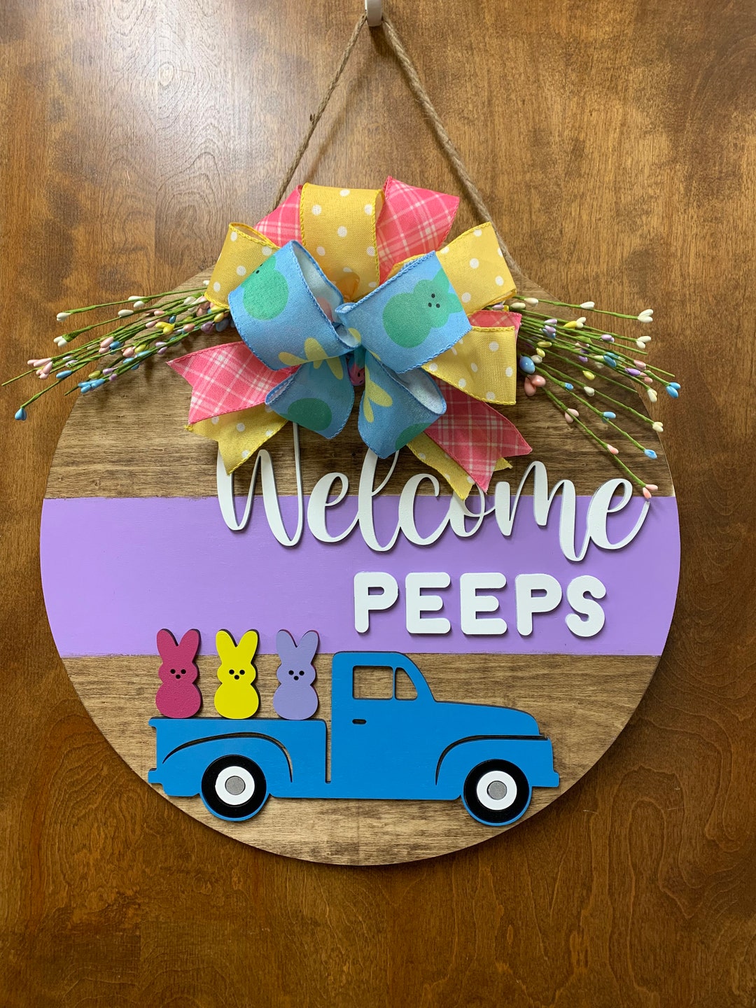 Easter Door Hanger Welcome Peeps Easter Decor Peeps Door Hanger Round ...