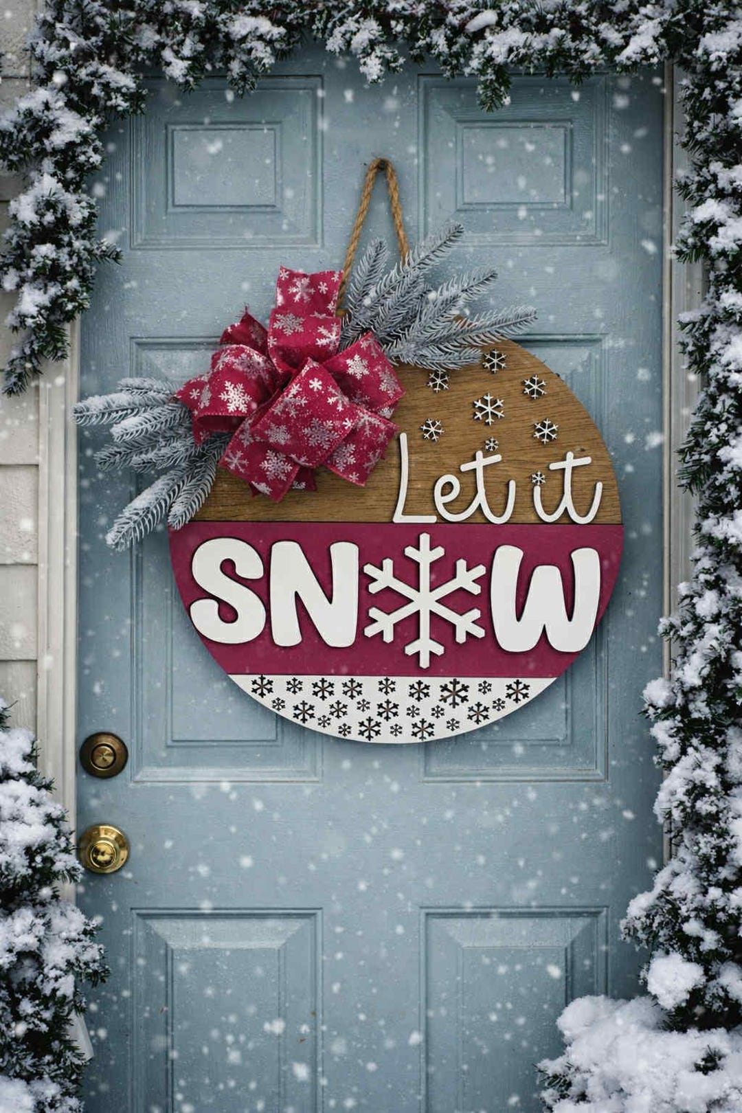 Let It Snow Door Hanger | Front Door Decor | Winter Wood Round Sign ...