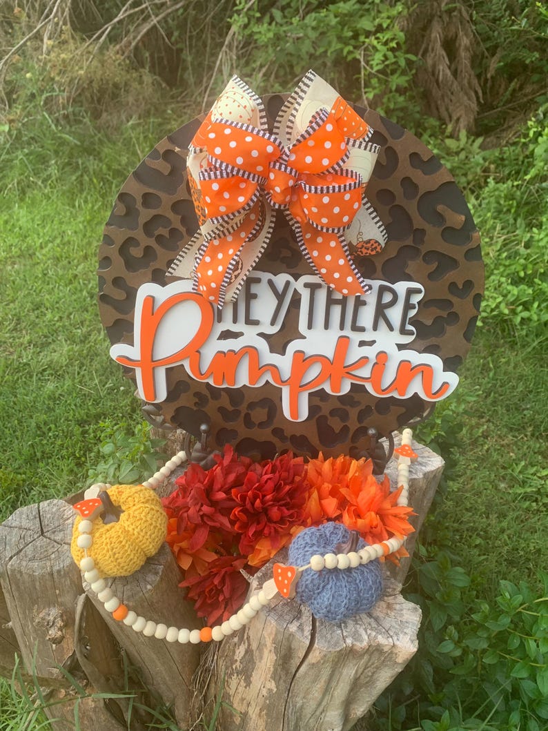 Fall Door Hanger | Leopard Print Pumpkin Sign | 18" Round Maple Wood ...