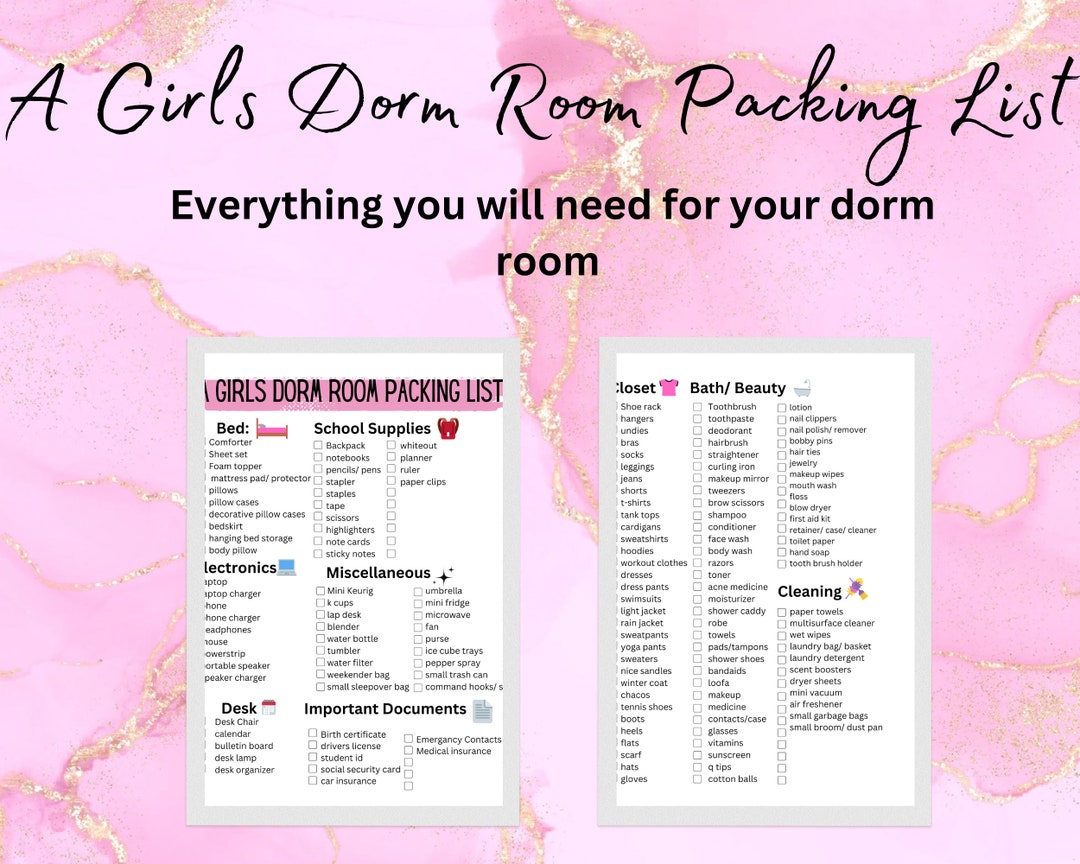 A Girls Dorm Room Packing List - Etsy