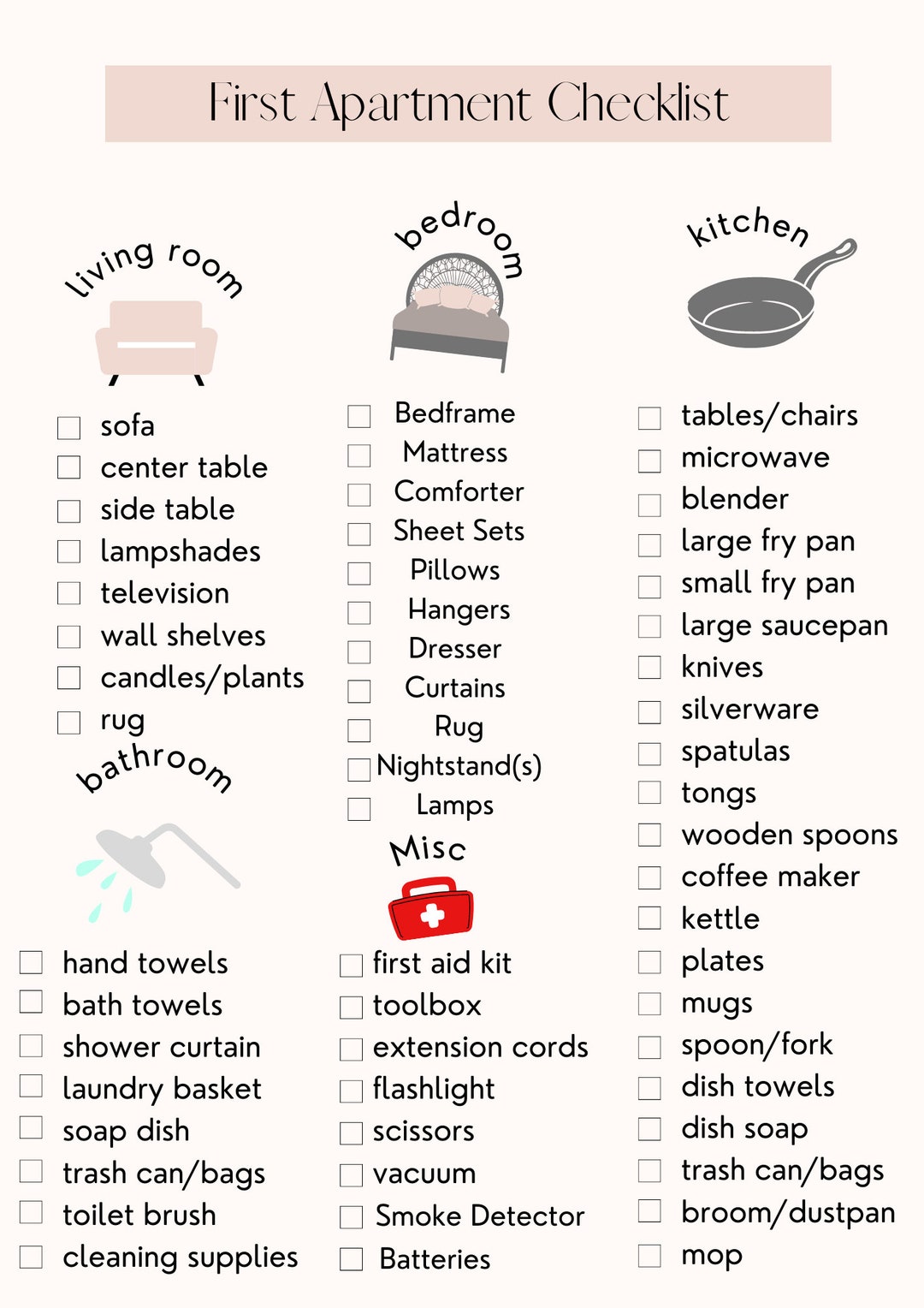 First Apartment Checklist, Essential Room-by-room Guide (PDF) - Etsy