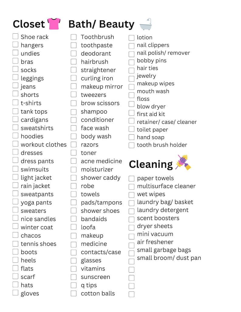 A Girls Dorm Room Packing List - Etsy