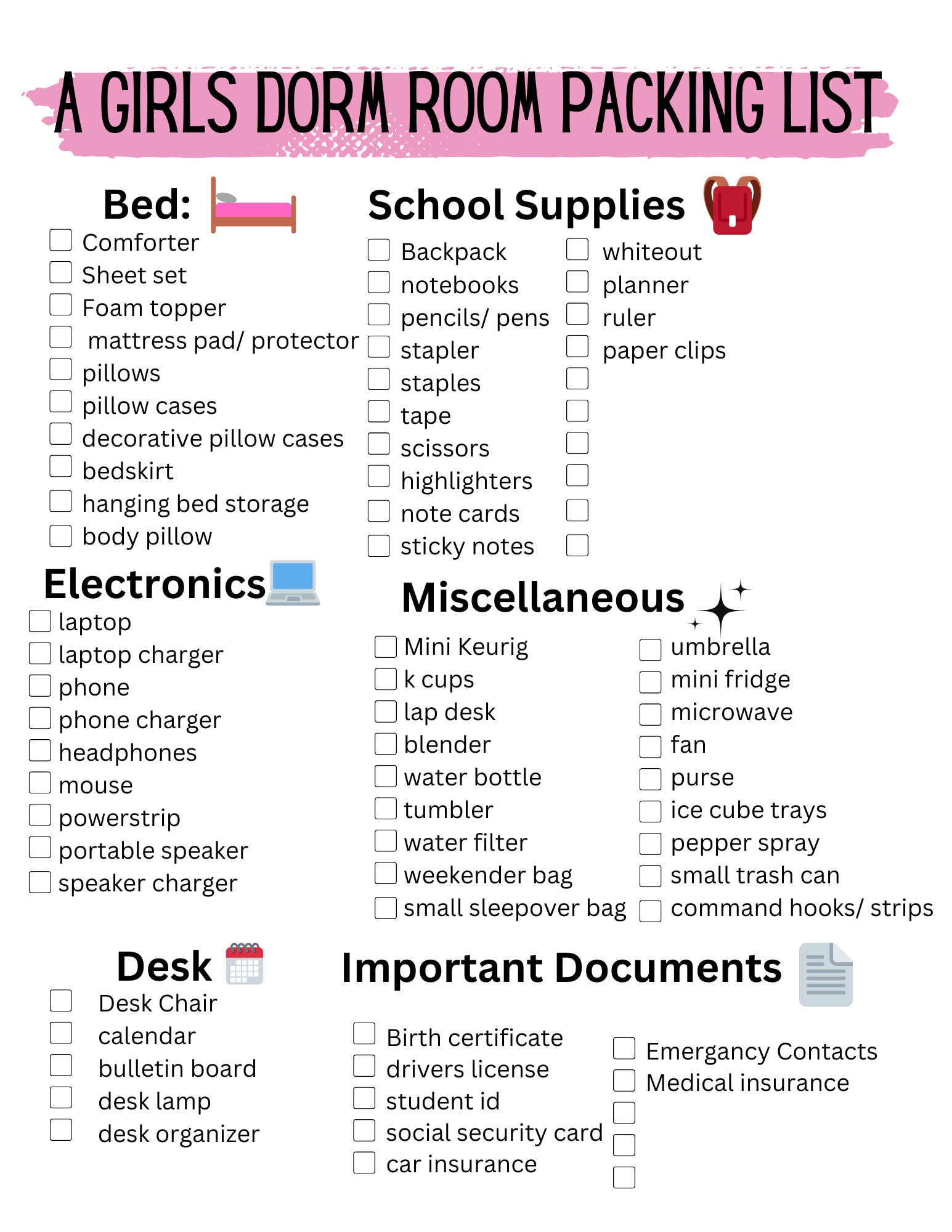 A Girls Dorm Room Packing List - Etsy