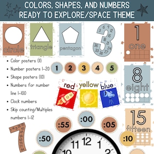 Colors, Shapes, and Numbers Posters for Primary Classrooms, Space Theme ...