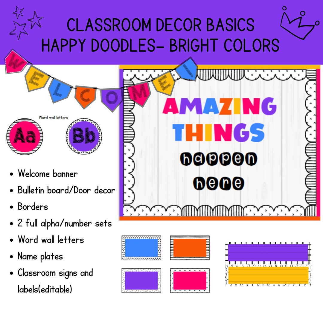 Basic Classroom Decor Set- Happy Doodles Bright Colors- Welcome Banner ...