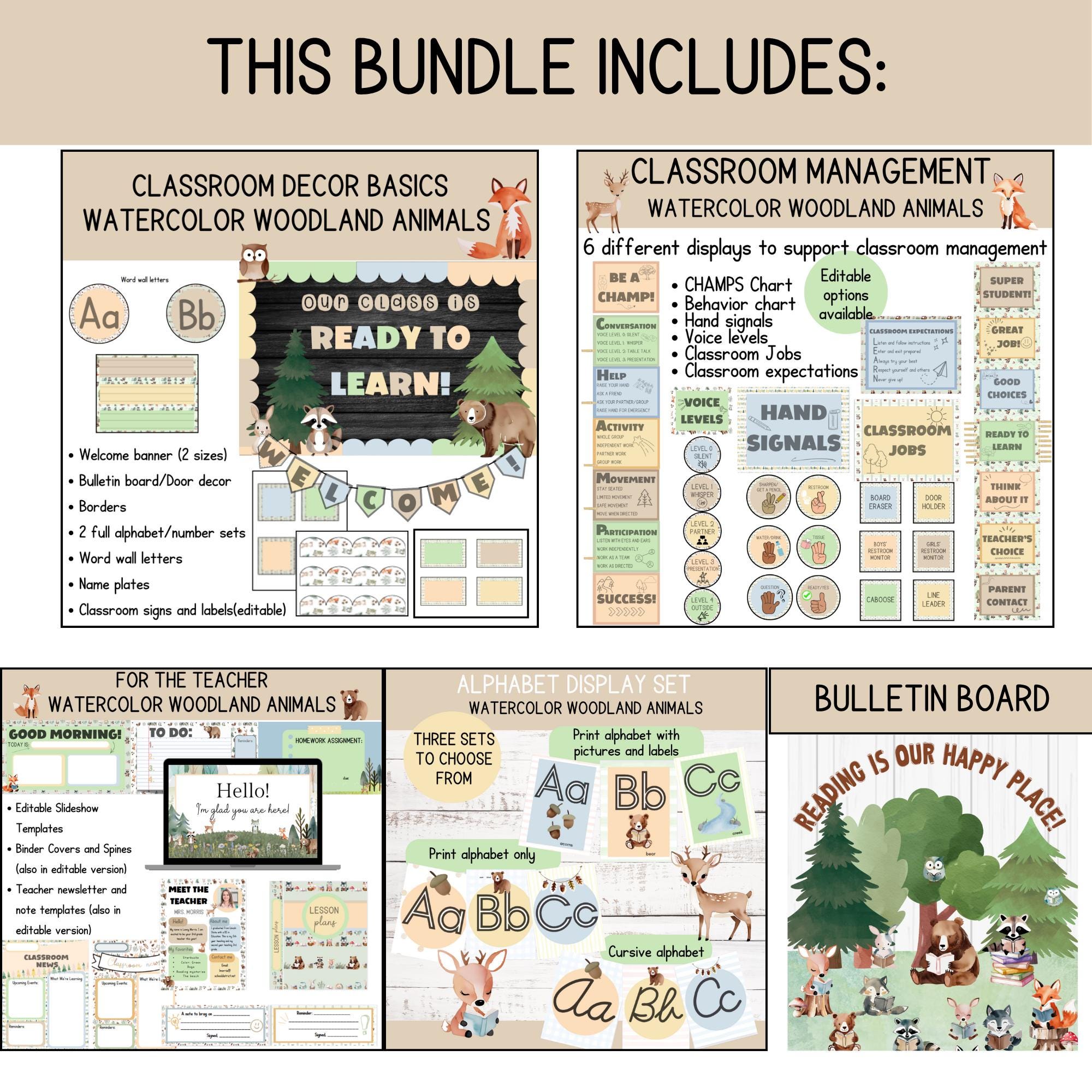 Woodland Classroom Decor Bundle: Watercolor Animals Theme (editable ...