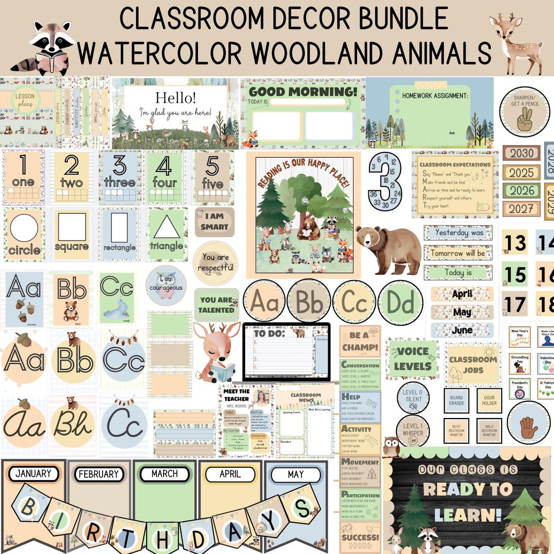 Woodland Classroom Decor Bundle: Watercolor Animals Theme (editable ...