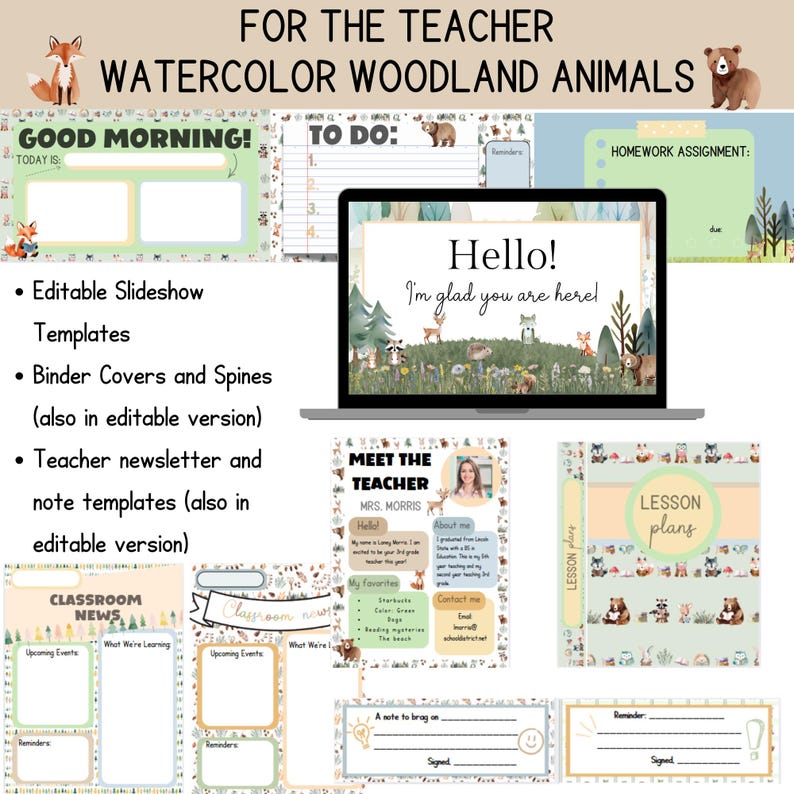 Woodland Classroom Decor Bundle: Watercolor Animals Theme (editable ...
