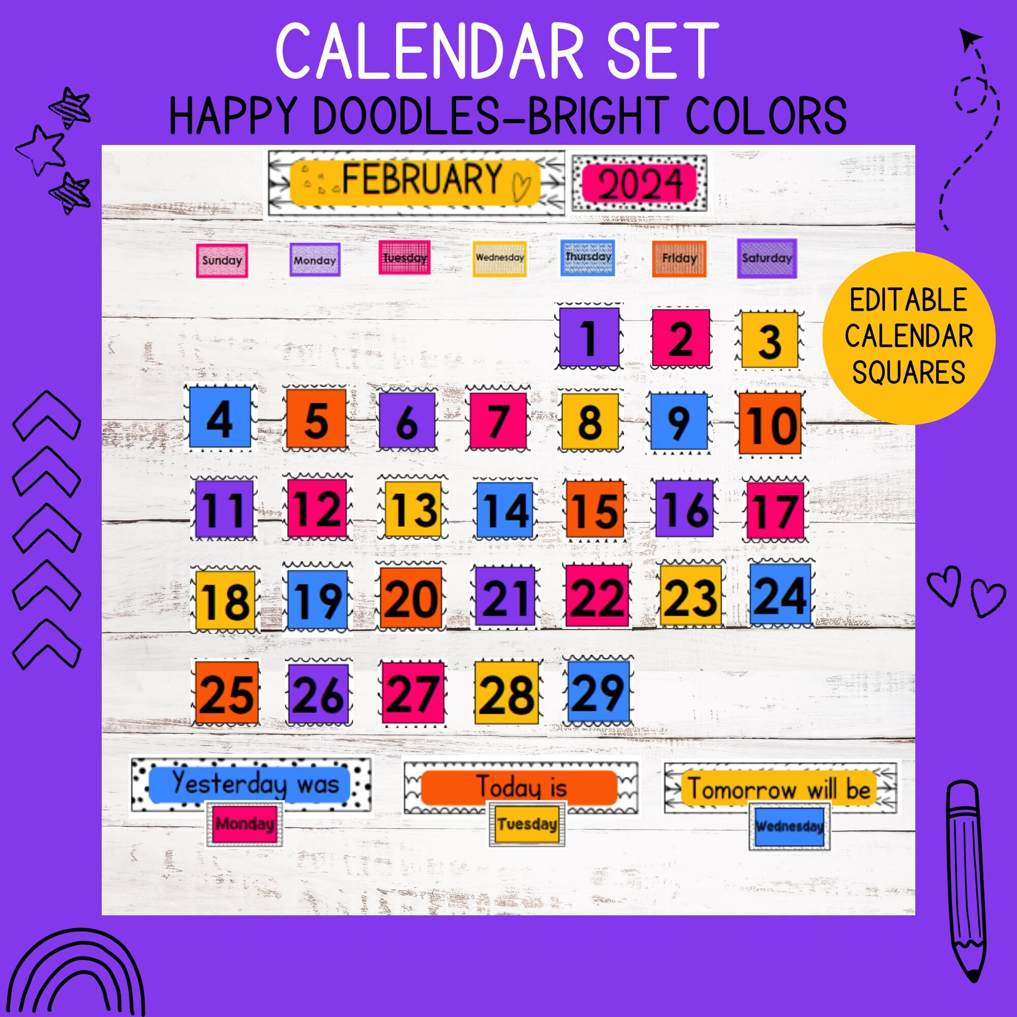 Printable Calendar Set for Classroom- Happy Doodles Bright Colors ...