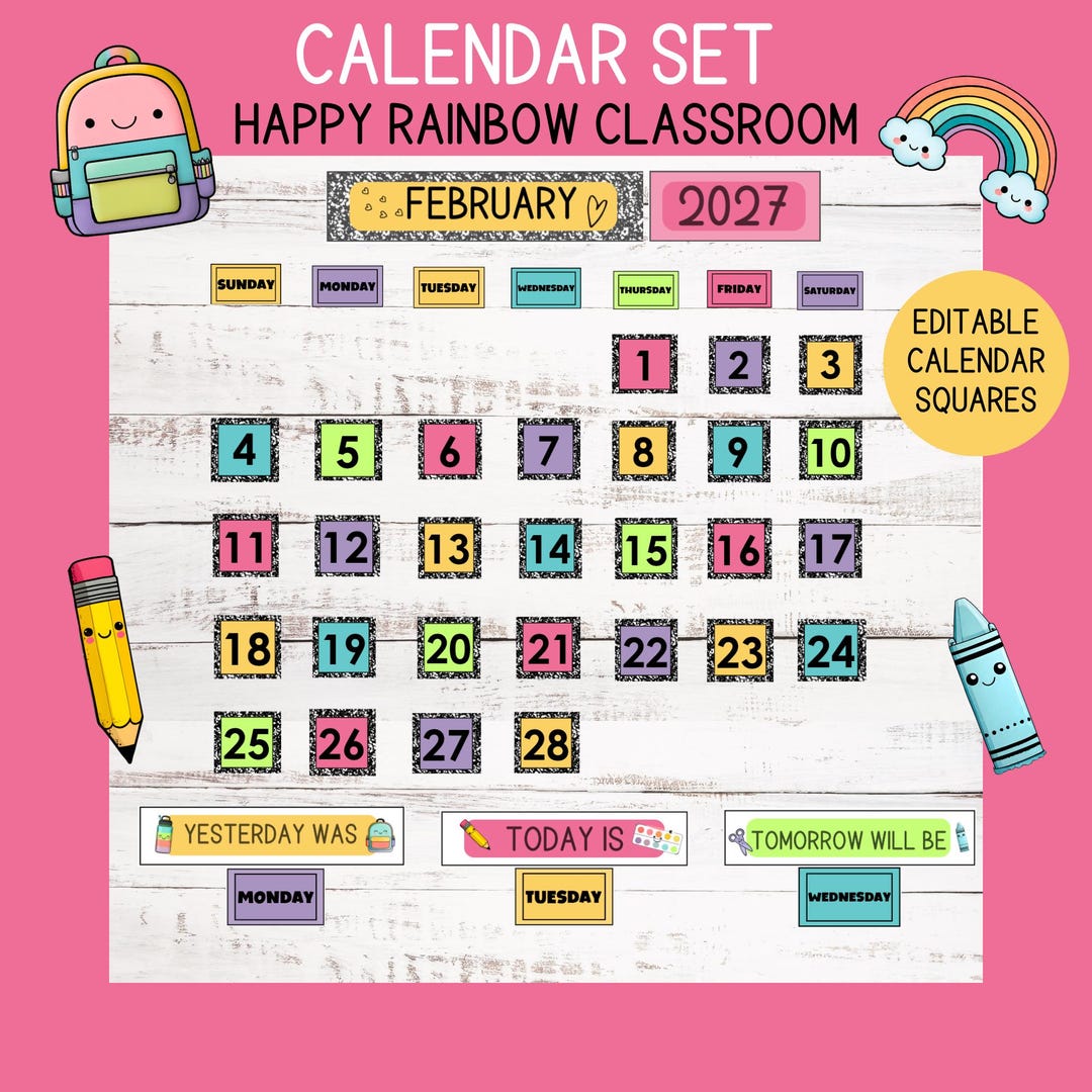 Rainbow Classroom Calendar Set | Editable Calendar Bulletin Board ...