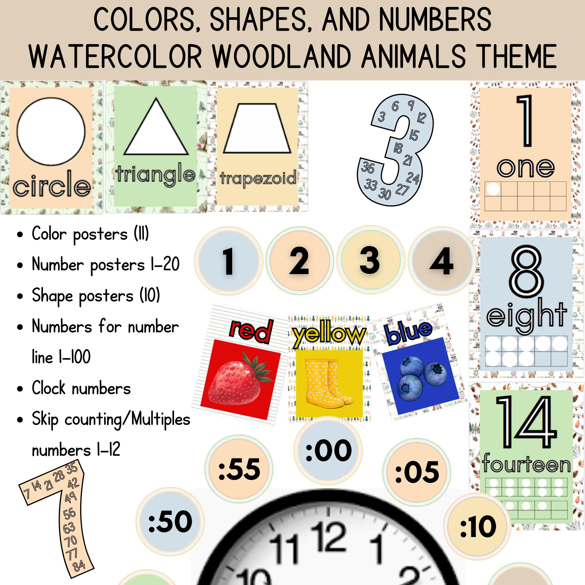 Woodland Animals Classroom Posters: Colors, Shapes, Numbers (PDF ...