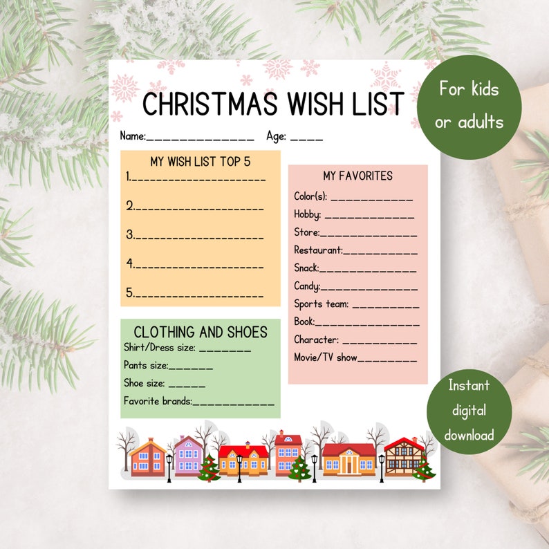 Printable Christmas Wish List for Kids or Adults-holiday Wish List for ...