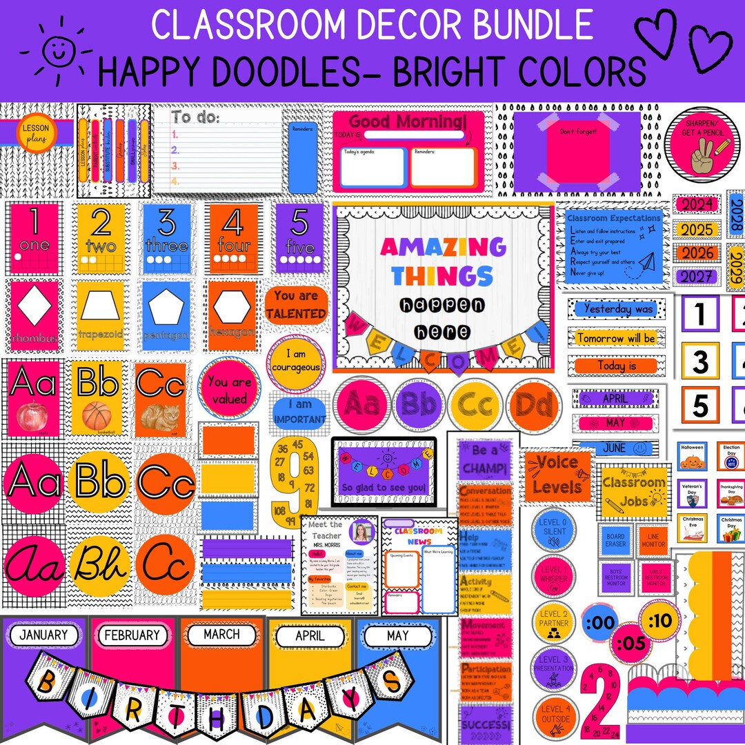 Happy Doodle Classroom Decor Bundle: Bright Colors (digital Download ...