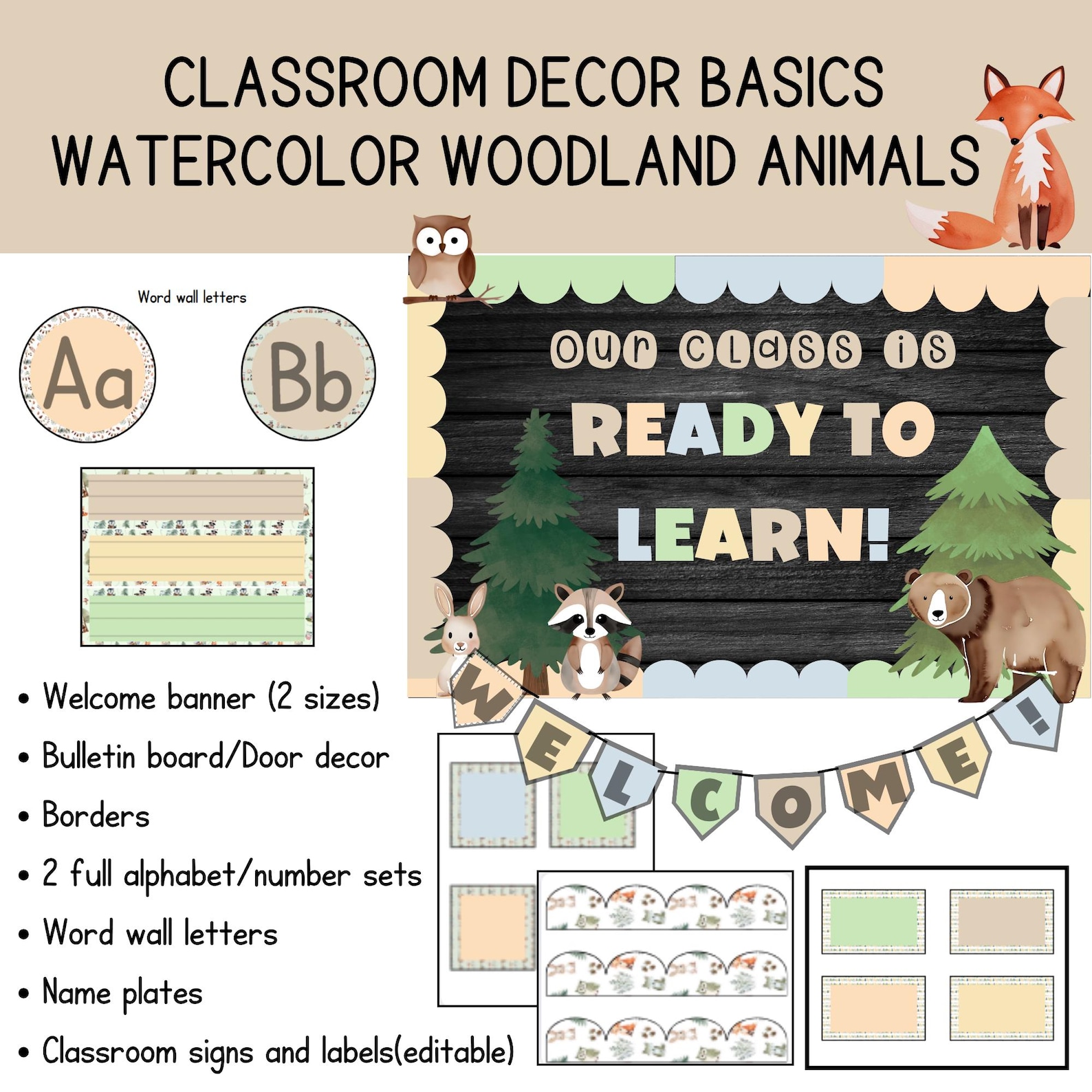 Woodland Classroom Decor Bundle: Watercolor Animals Theme (editable ...