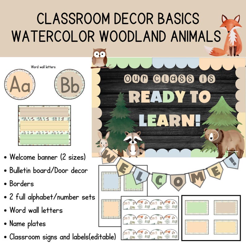 Woodland Classroom Decor Bundle: Watercolor Animals Theme (editable ...