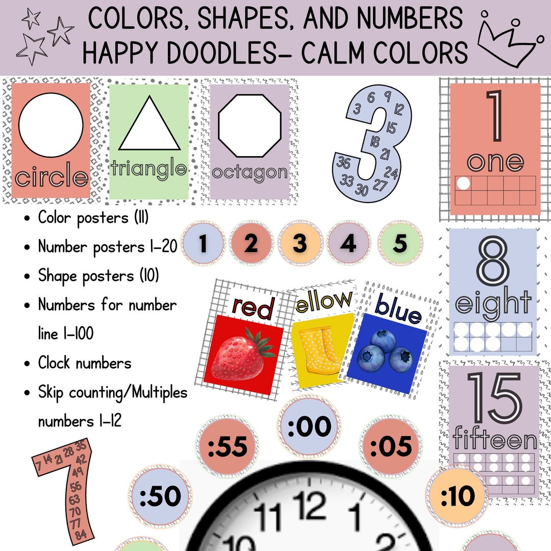 Colors, Shapes, and Numbers Posters- Happy Doodles Calm Colors- Math ...