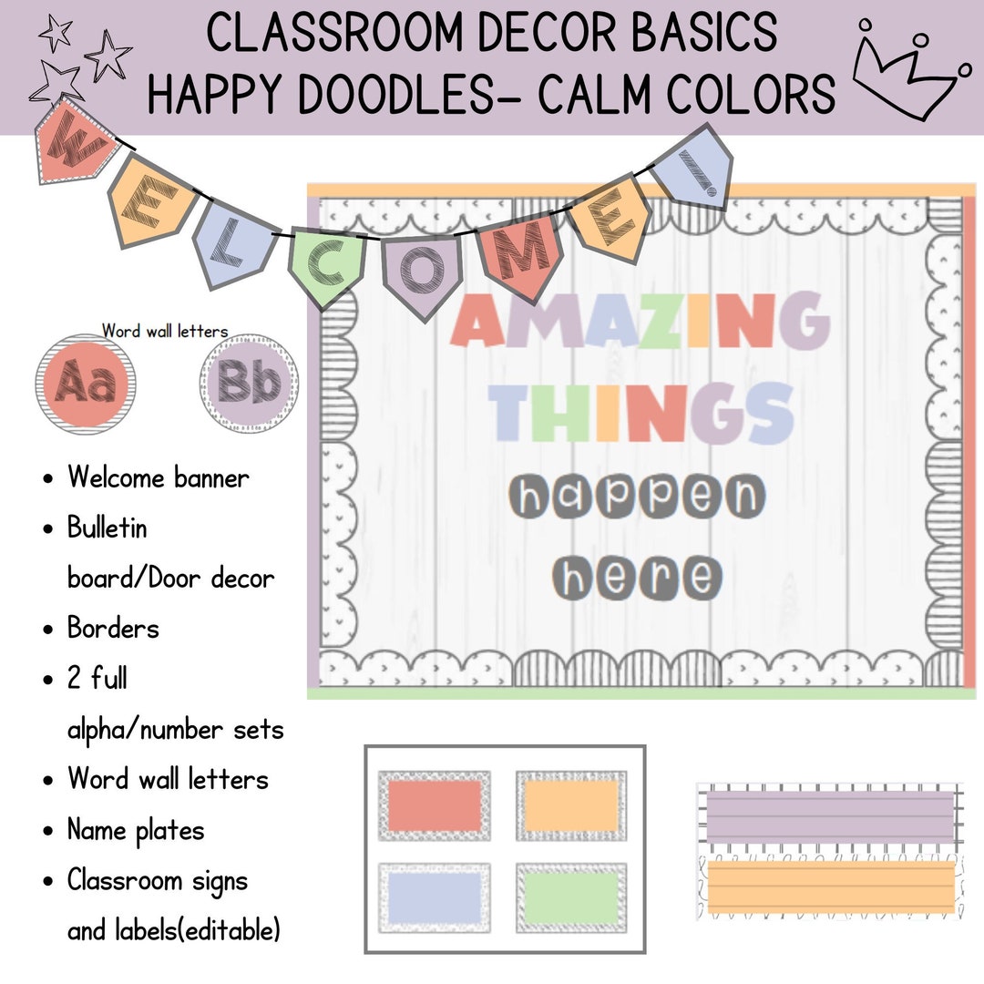 Classroom Decor Basics- Happy Doodles Calm Colors- Bulletin Board ...