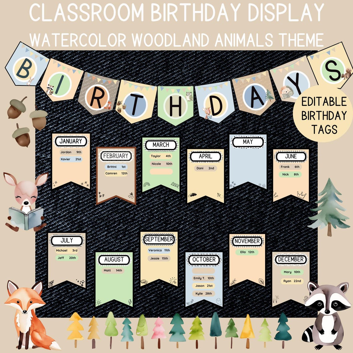 Woodland Animals Birthday Display Board: Watercolor Classroom Decor ...