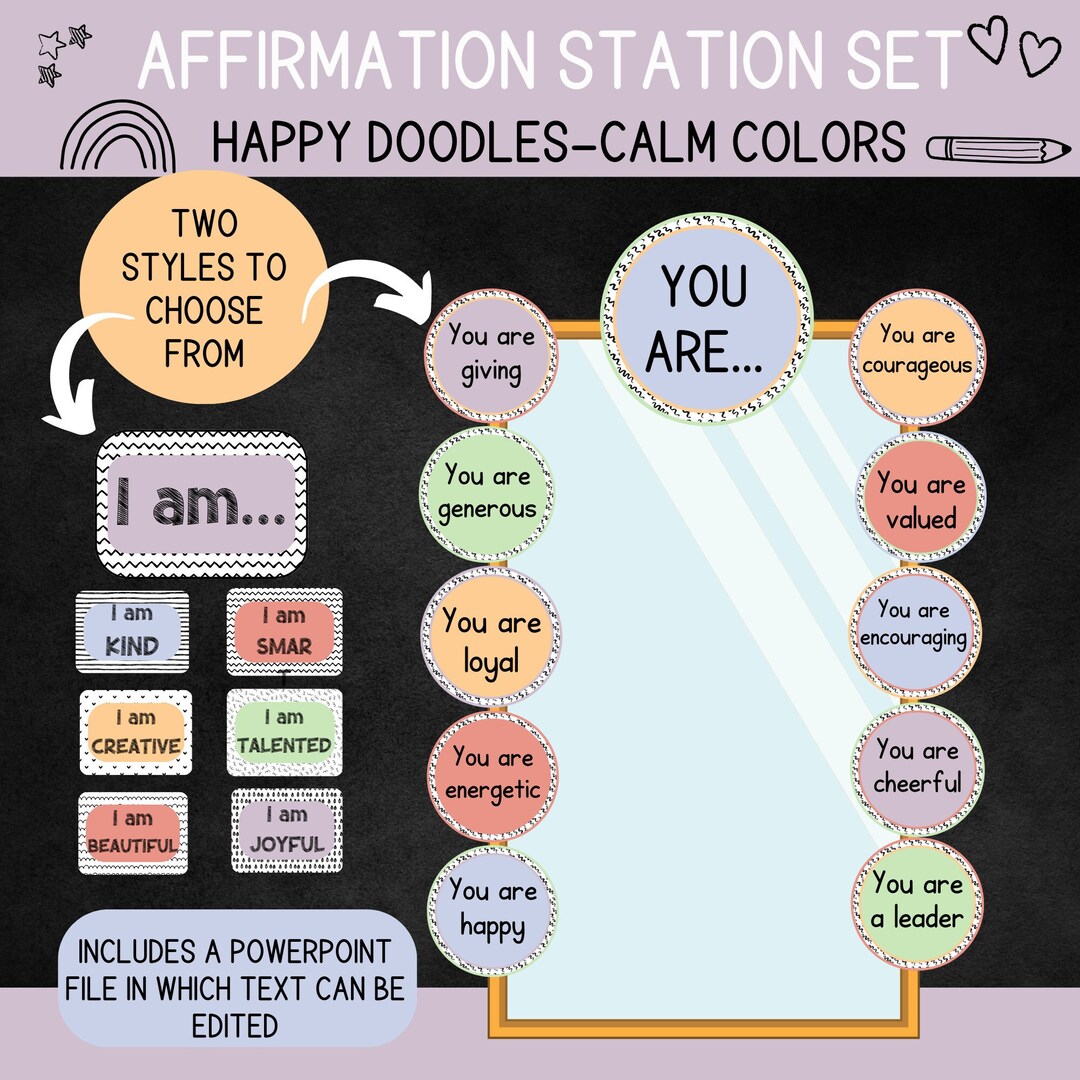 Affirmation Station Set for Classroom- Happy Doodles- Calm Colors ...