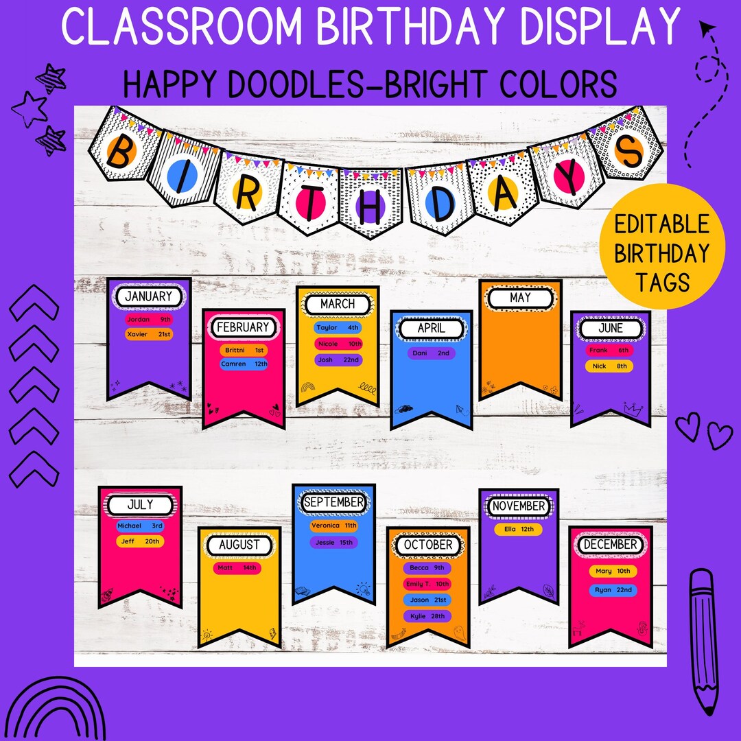 Birthday Display Board for Classroom- Happy Doodles- Bright Colors ...
