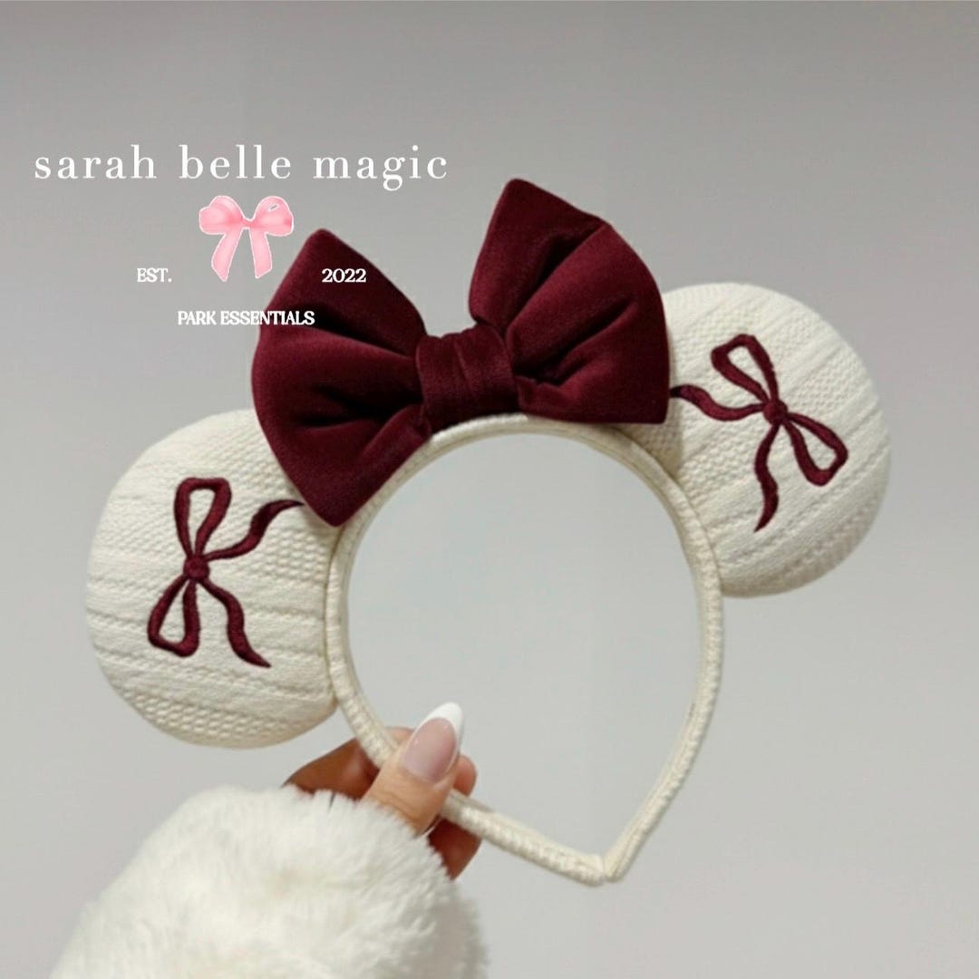 Coquette Inspired Ivory Cream Mouse Ears Headband: Velvet Burgundy Bow ...