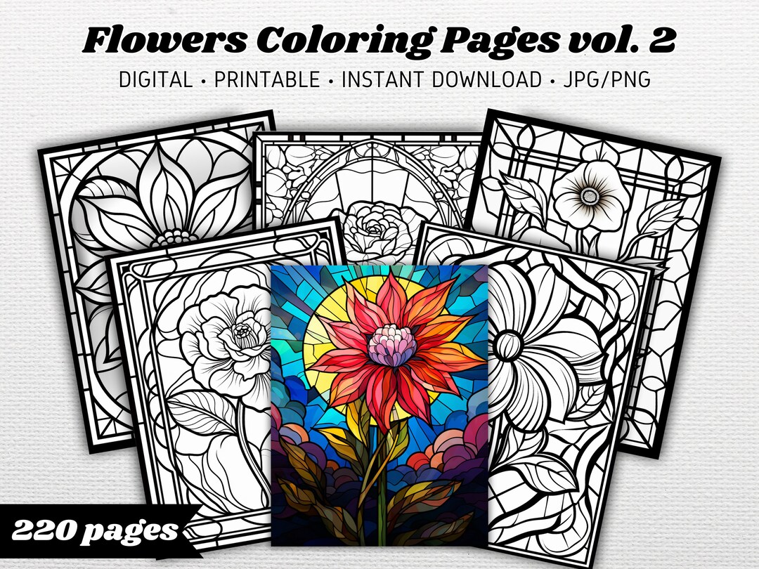 Stained Glass Flowers Coloring Pages 220 Pages Adult Coloring Book Vol ...