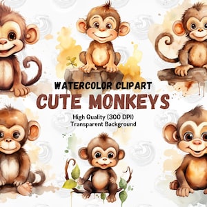 Watercolor Cute Monkey Clipart - 12 High Quality Pngs - Transparent ...