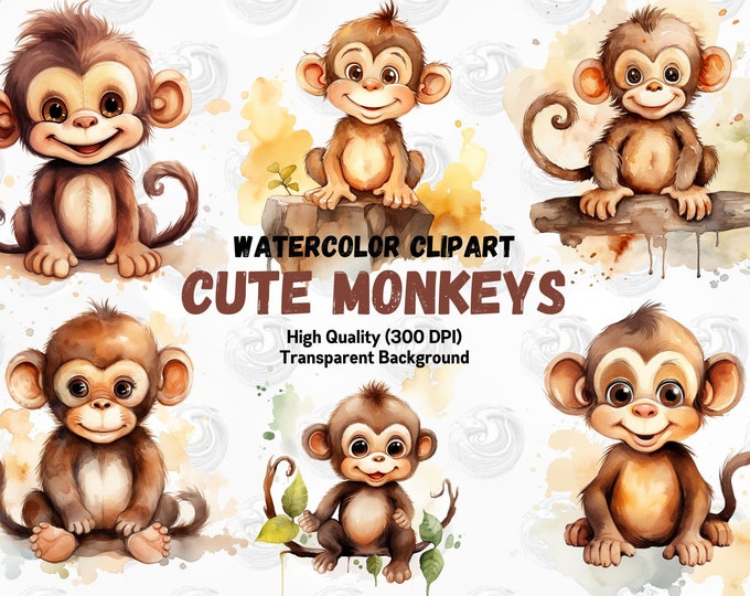Watercolor Cute Monkey Clipart - 12 High Quality Pngs - Transparent ...