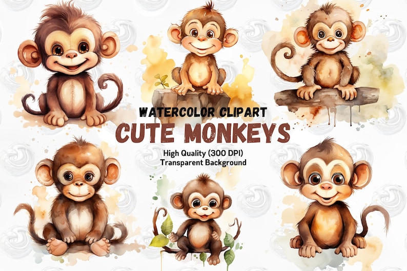 Watercolor Cute Monkey Clipart - 12 High Quality Pngs - Transparent ...