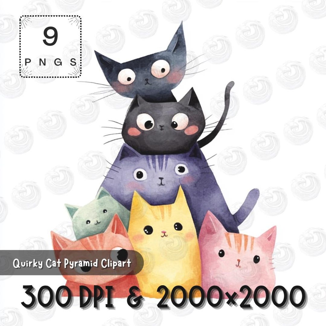 Quirky Cat Pyramid Clipart - 9 High Quality Pngs - White Background ...